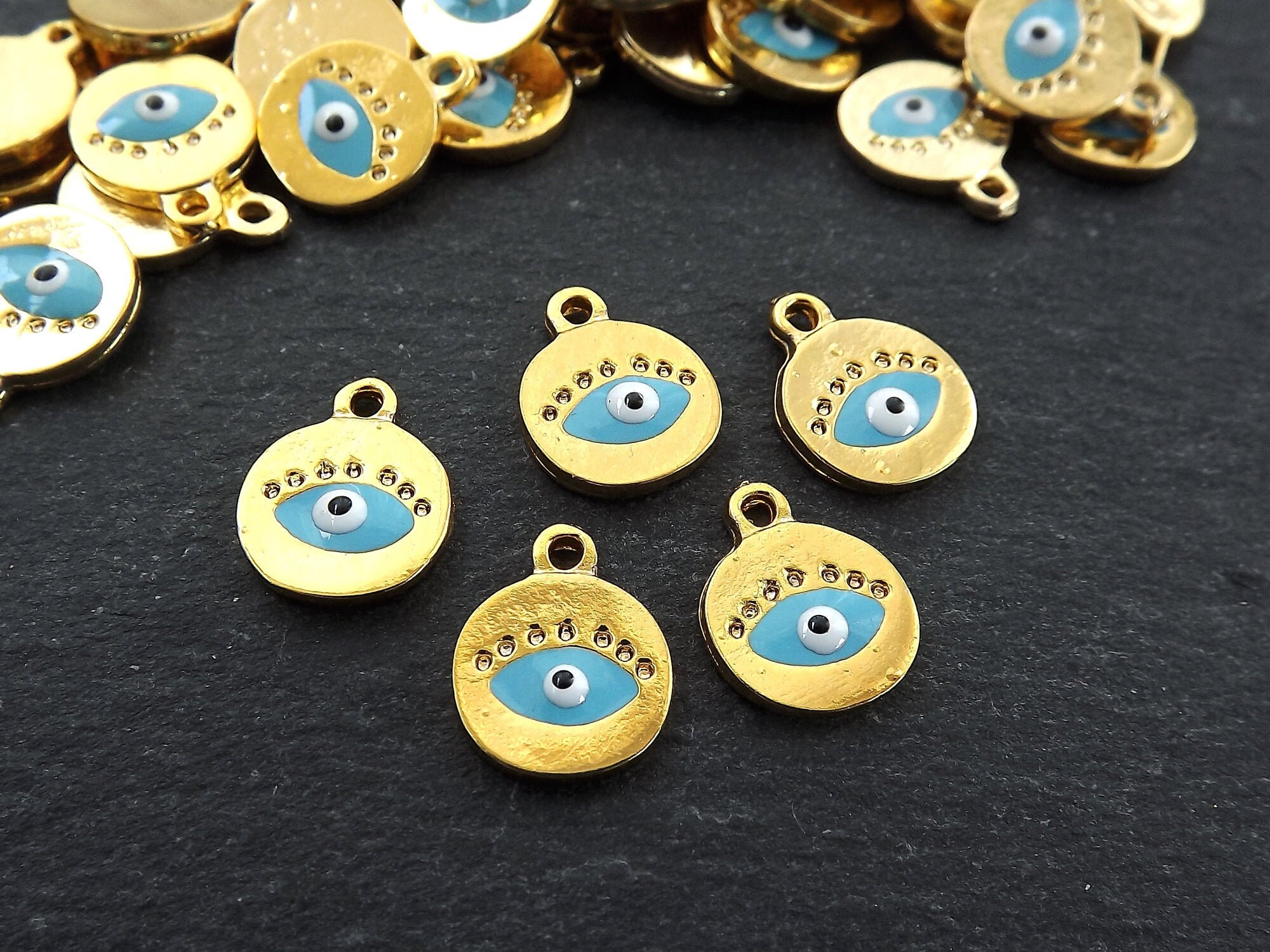Gold Mini Round Evil Eye Pendant Charms Pale Blue Enamel Evil | Etsy