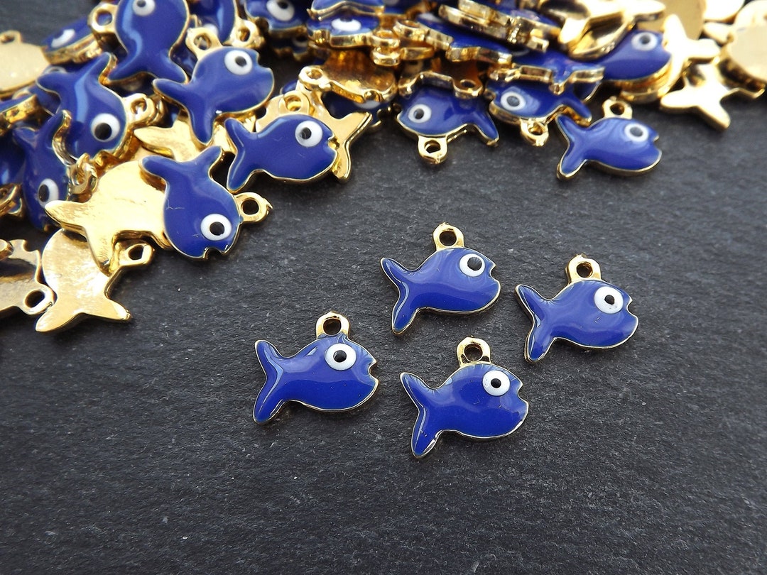 4 Fish Charms, Blue Enamel Small Fish Pendant Charms, Lucky Charm, 22k ...