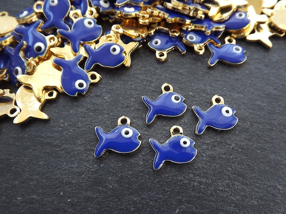 4 Fish Charms Blue Enamel Small Fish Pendant Charms Lucky - Etsy