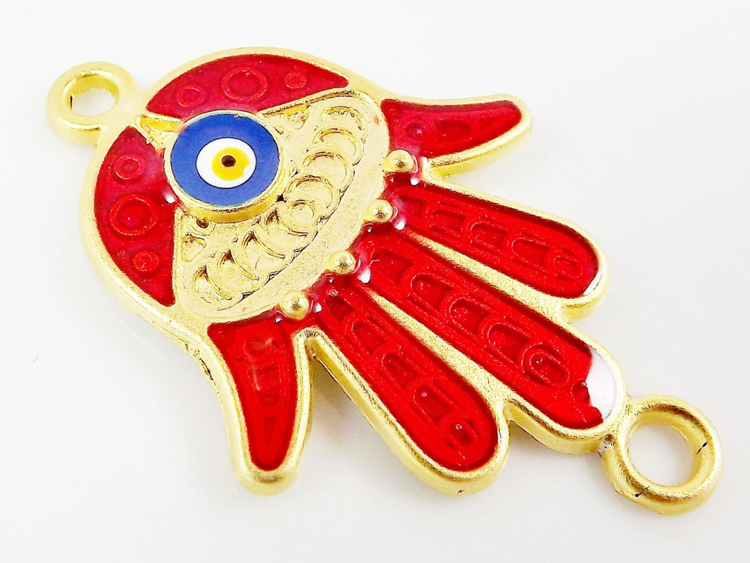 Red Hamsa Hand of Fatima Connector With Round Enameled Evil Eye - Matte Gold Plated - 1PC ...