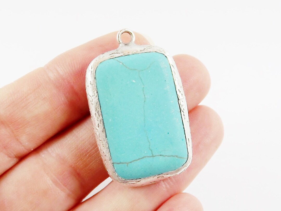 32mm Rectangle Turquoise Stone Pendant- Matte Antique Silver Plated ...