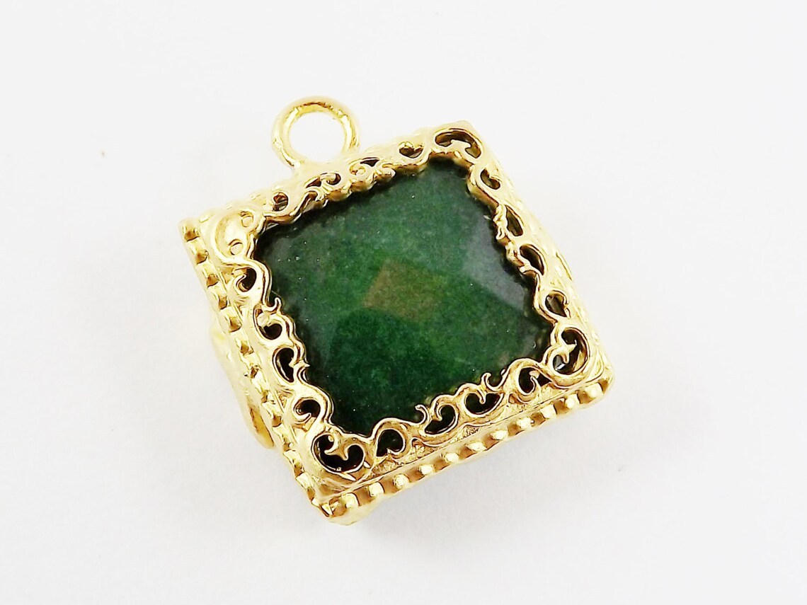 Deep Green Square Jade Pendant - Rustic Swirl Bezel - 22k Matte Gold ...