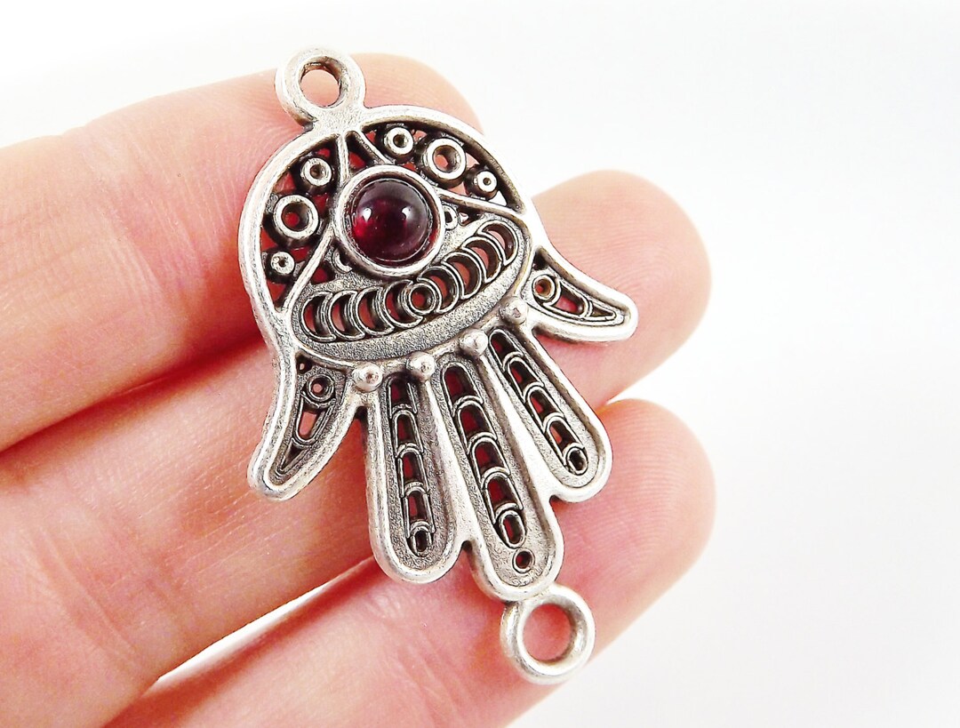 Hand of Fatima Connector With Red Glass Accent - Matte Silver Plated - 1pc - Etsy
