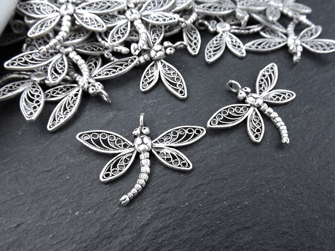 Silver Filigree Dragonfly Charm, Small Dragonfly Pendant, Horizontal ...