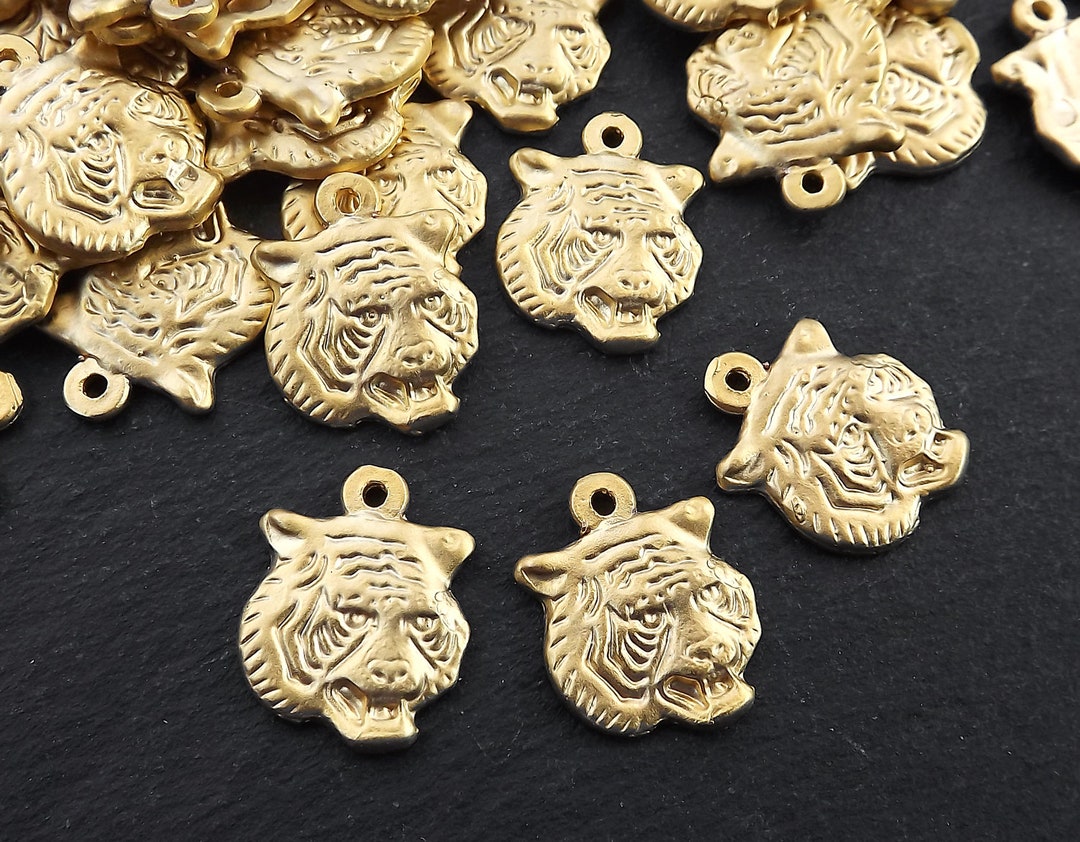 Gold Tiger Charms, Tiger Pendant, Fierce Tiger Face, Tiger Head Charm ...