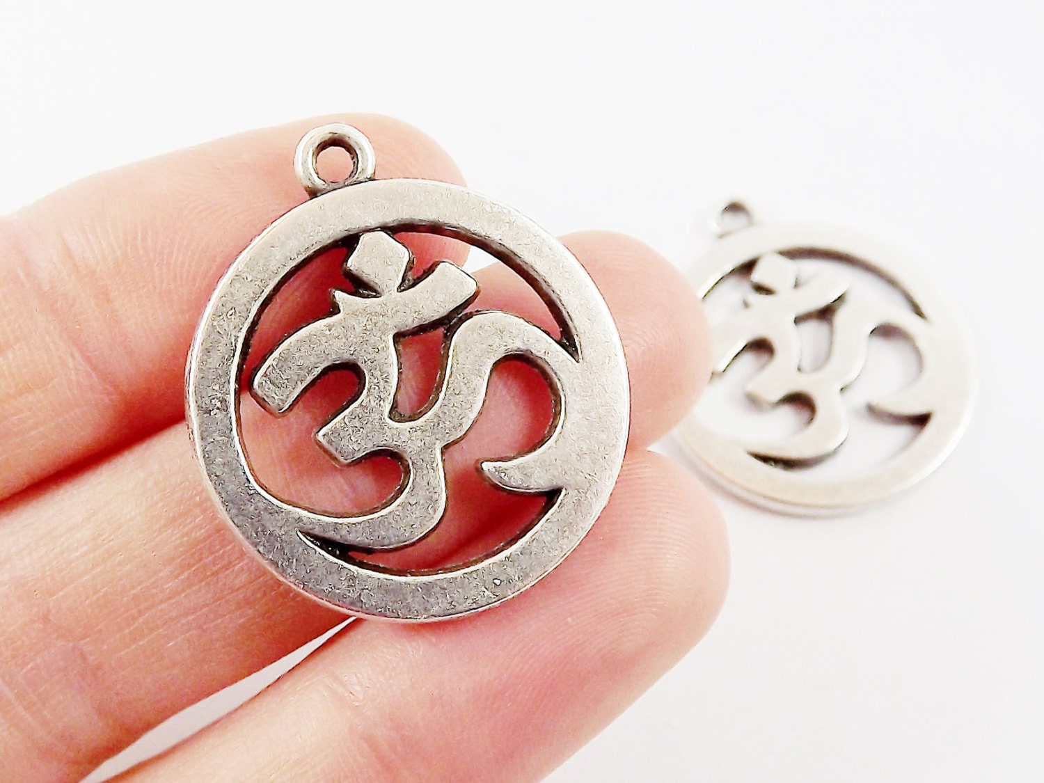 2 Large OM Symbol Charms - Matte Antique Silver Plated Brass - Yoga Aum ...