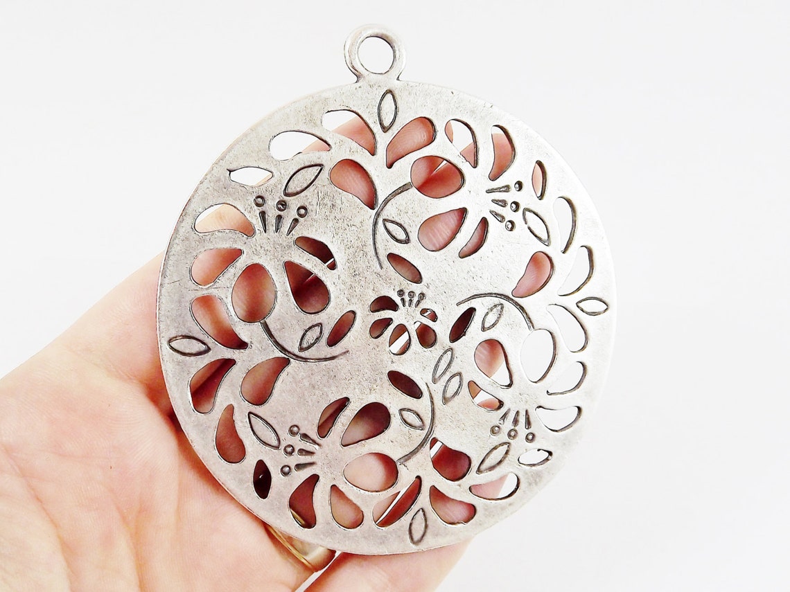 Extra Large Round Fretwork Flower Detail Pendant Matte - Etsy