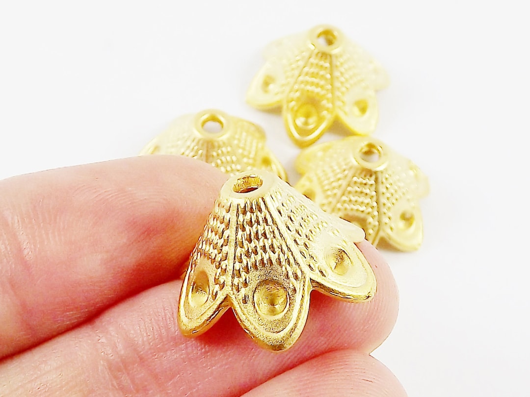 4 Large Dimple Petal Bead End Caps - 22k Matte Gold Plated Round Bead ...