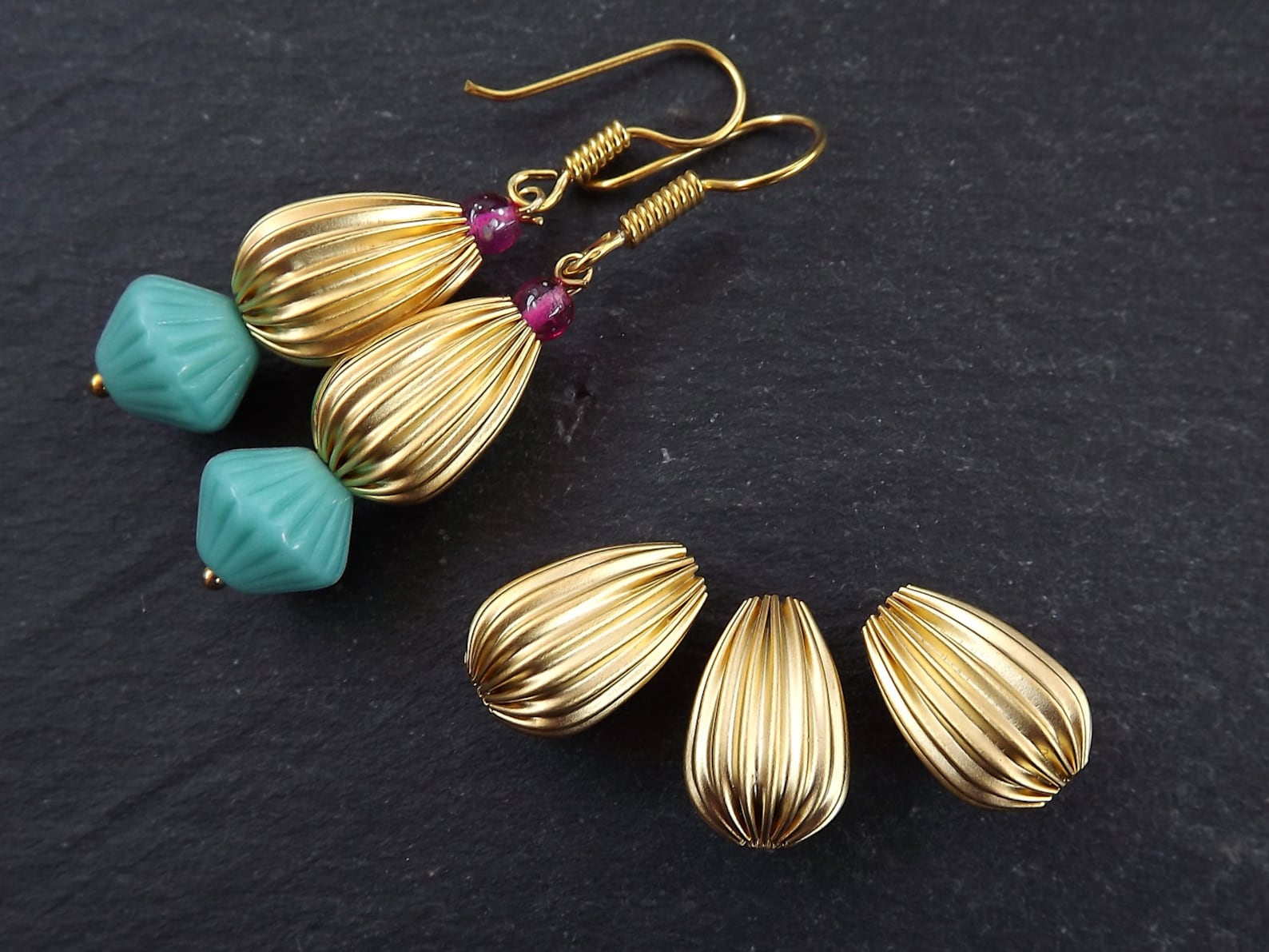 Teardrop Bead, Gold Teardrop, Corrugated Bead, Ribbed Bead, Large ...