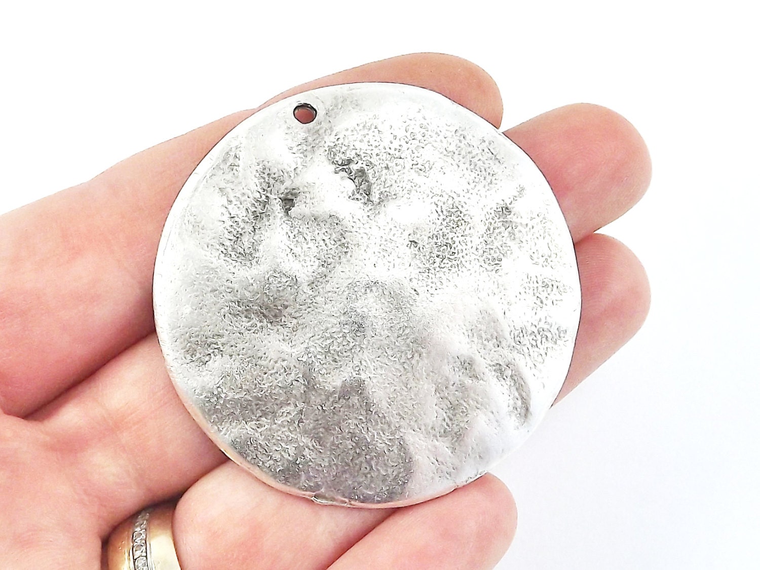 Large Round Hammered Silver Pendant Organic Textured Dome | Etsy