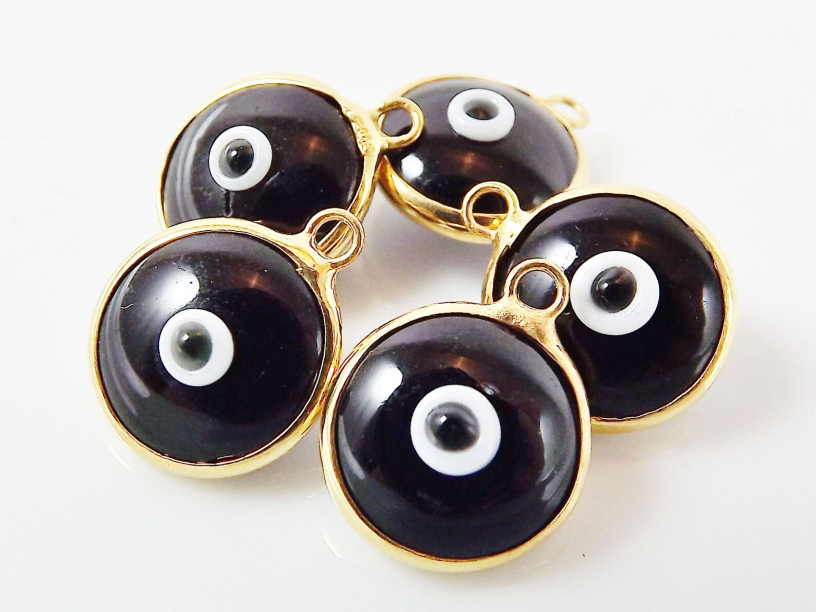 5 Black Evil Eye Nazar Artisan Glass Bead Charms Gold Plated - Etsy