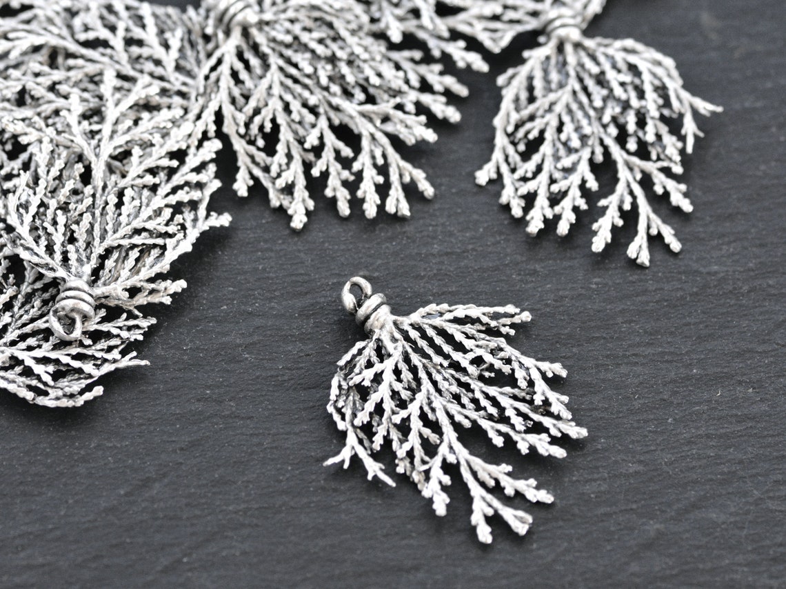 Silver Conifer Leaf Branch Pendant Charm, Metal Leaf Pendant, Drop ...