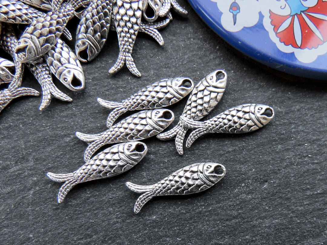 6 Rustic Double Sided Fish Charms, Good Luck Charm, Prosperity Symbol ...