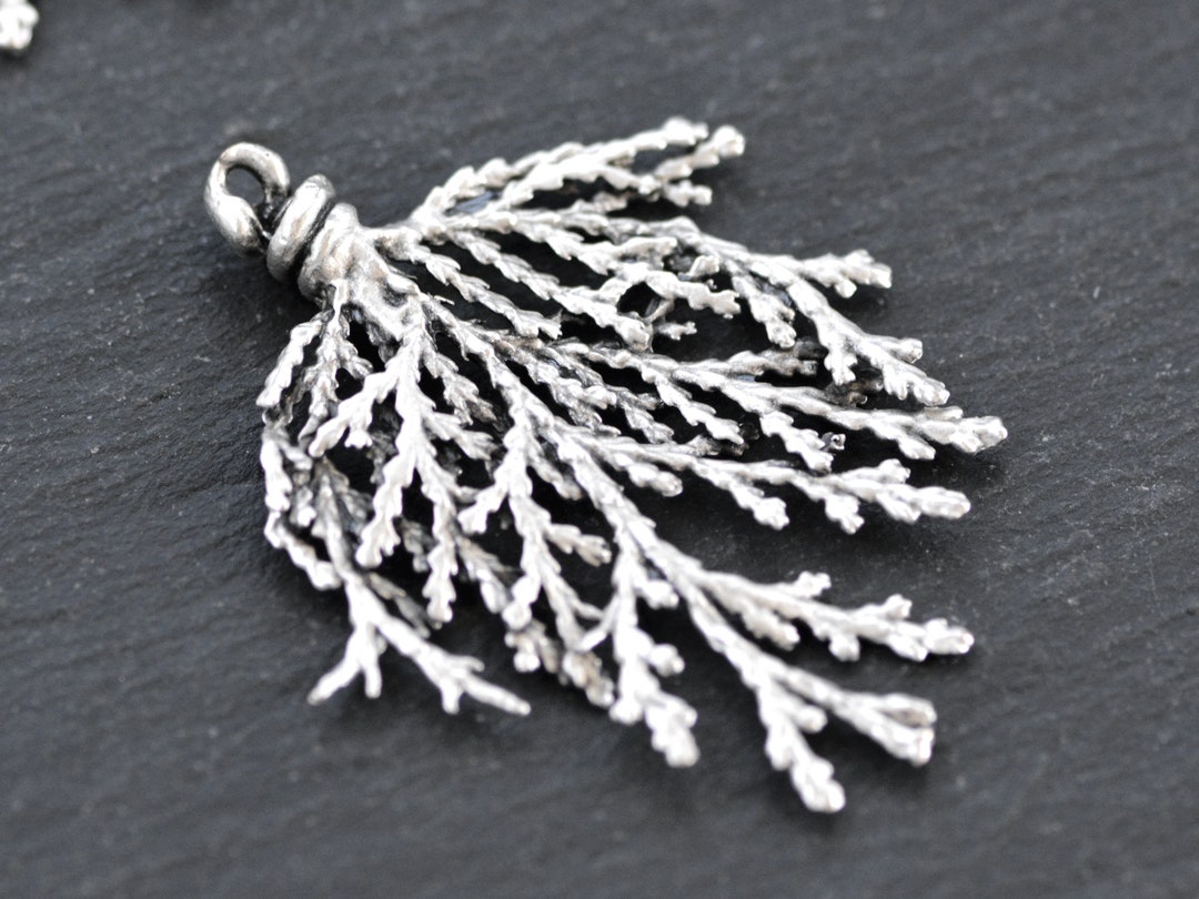 Silver Conifer Leaf Branch Pendant Charm, Metal Leaf Pendant, Drop ...