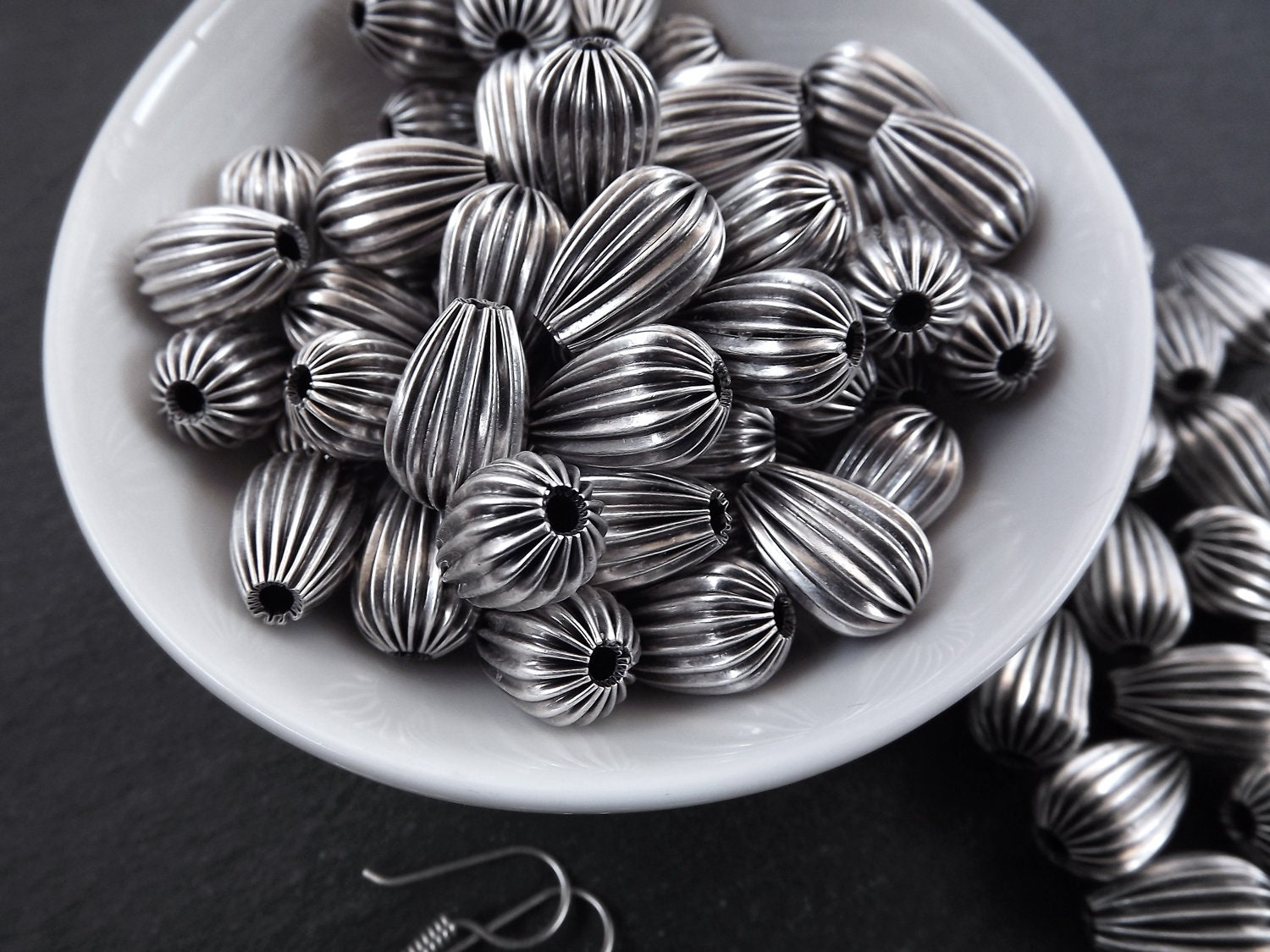 Teardrop Bead Silver Teardrop Corrugated Bead Ribbed Bead | Etsy