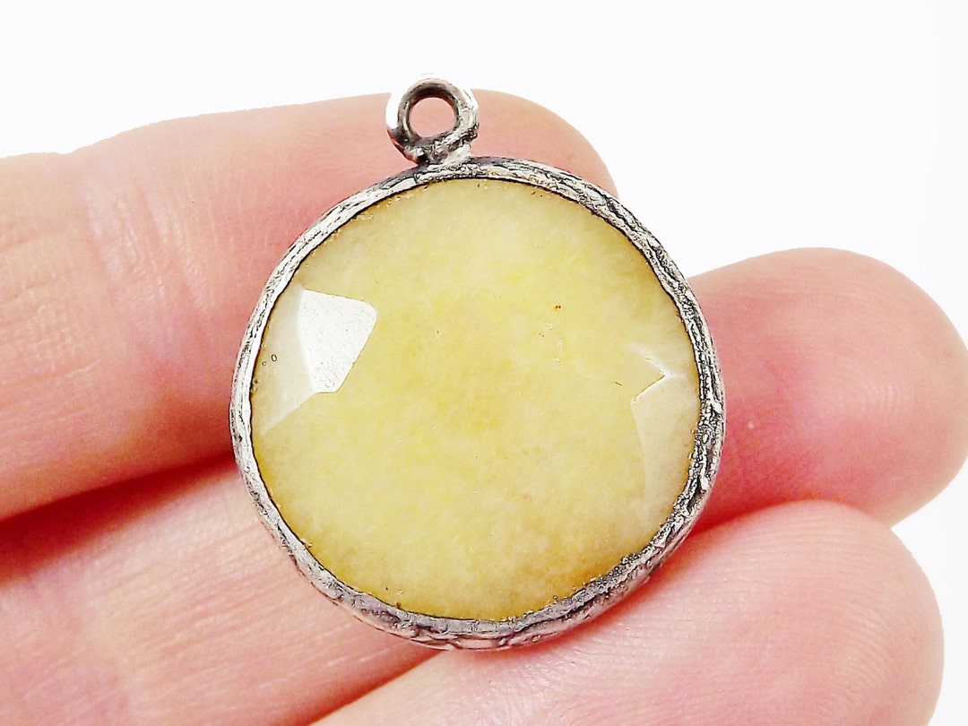 22mm Lemon Yellow Faceted Jade Pendant - Matte Silver Plated Bezel ...