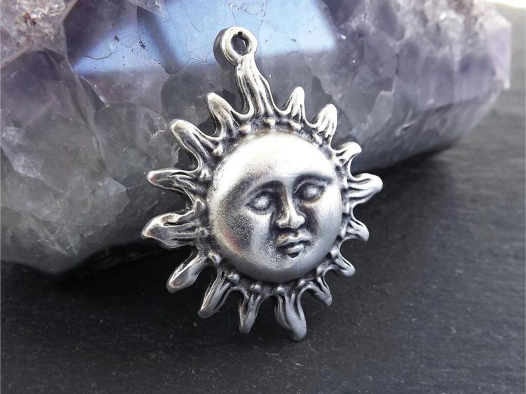 Sun Face Pendant, Surya, Hindu Symbol, Matte Antique Silver Plated, 1pc ...