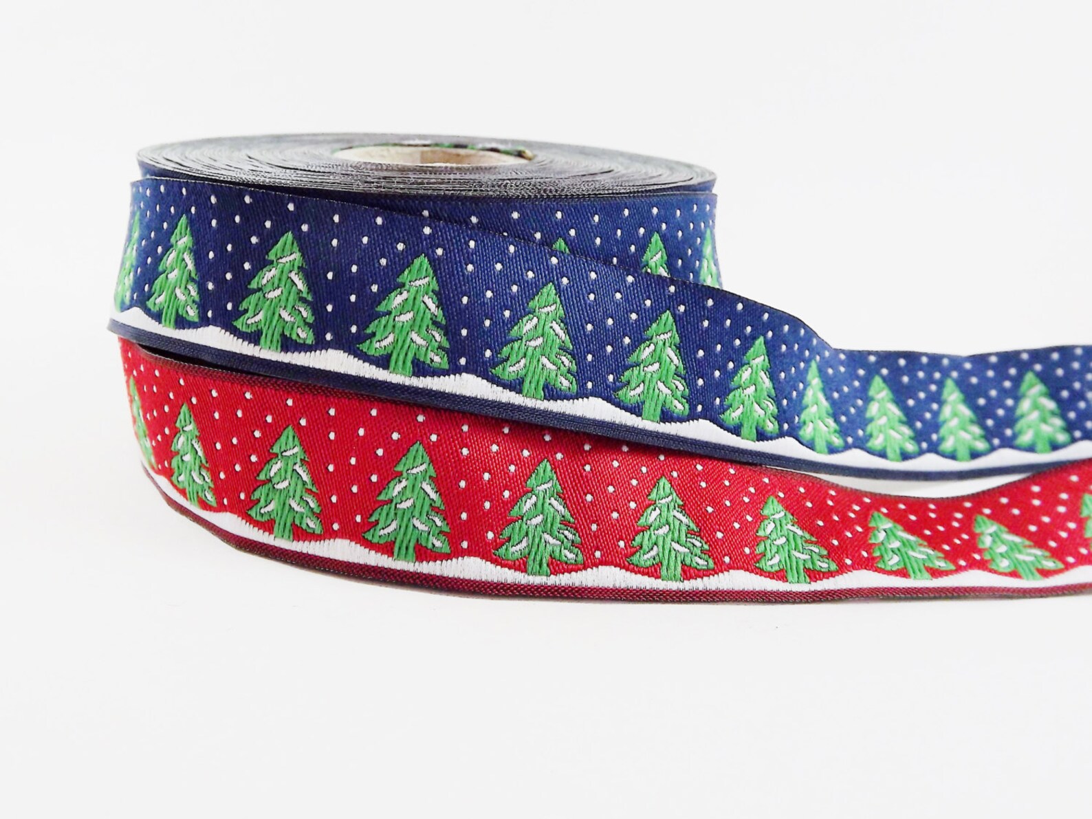 Navy Christmas Tree Ribbon Snow Woven Embroidered Jacquard - Etsy