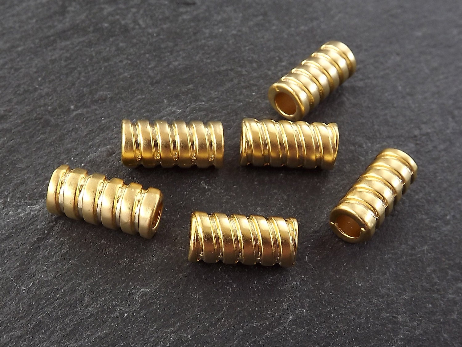 Large Narrow Spiral Ribbed Barrel Tube Beads - 22k Matte Gold Plated ...