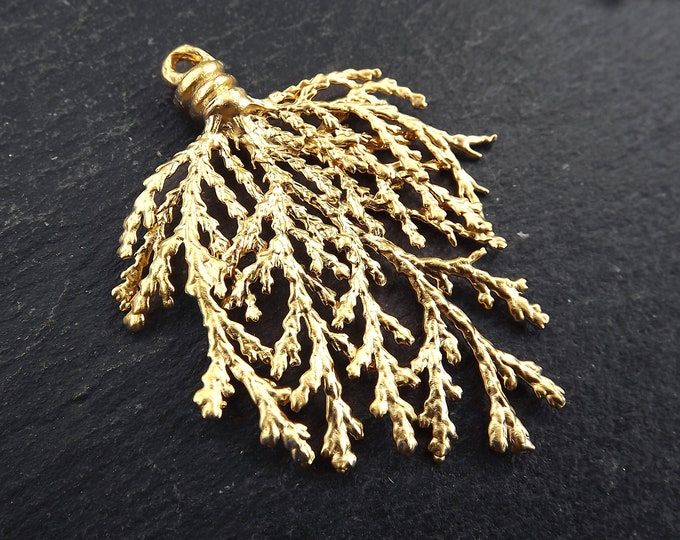 Gold Conifer Leaf Branch Pendant Charm, Metal Leaf Pendant, Drop ...