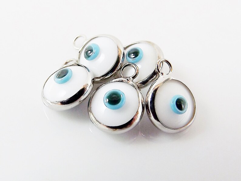5 Mini White Evil Eye Nazar Artisan Glass Bead Charms Silver | Etsy