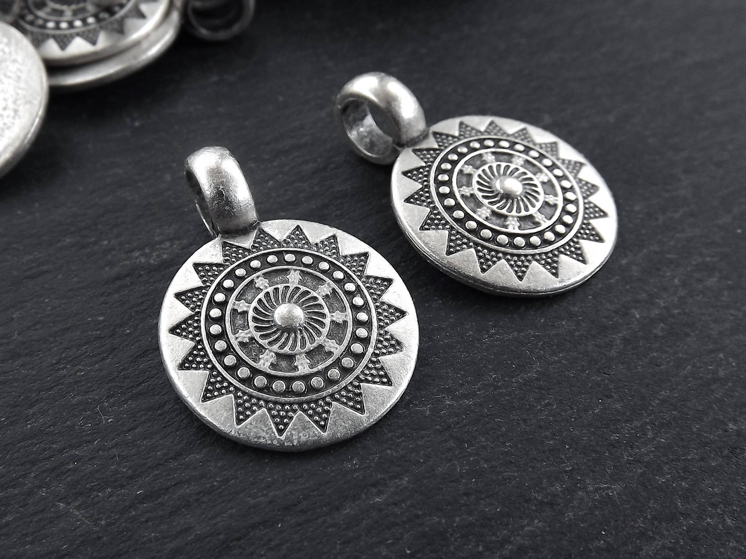 2 Small Ethnic Sun Mandala Round Disc Pendants With Side Facing - Matte ...