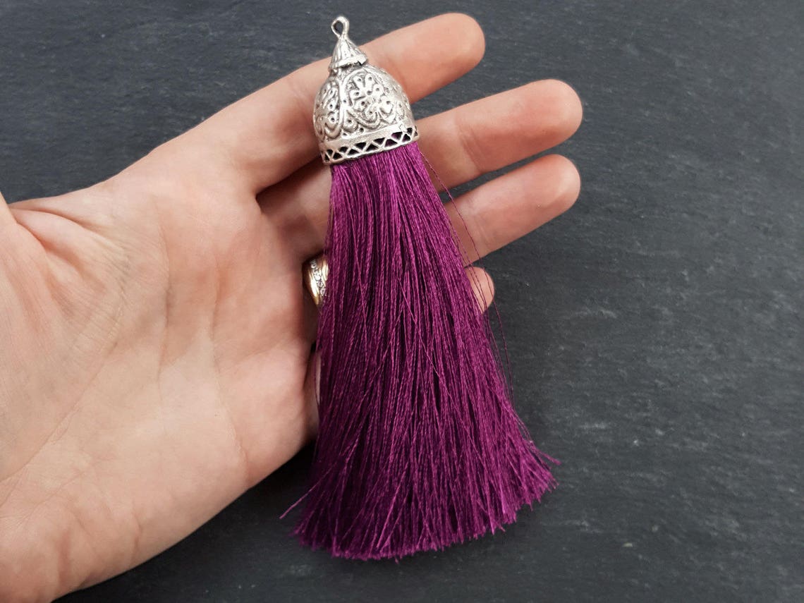 Extra Large Thick Gray Silk Thread Tassel Pendant With Ornate Silver ...