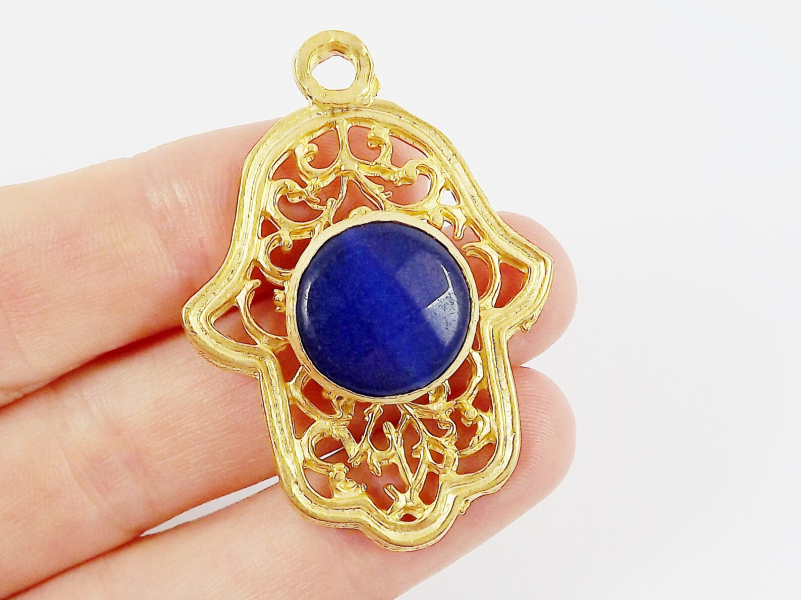 Curly Filigree Hamsa Hand of Fatima Pendant Royal Blue Jade- 22k Matte ...