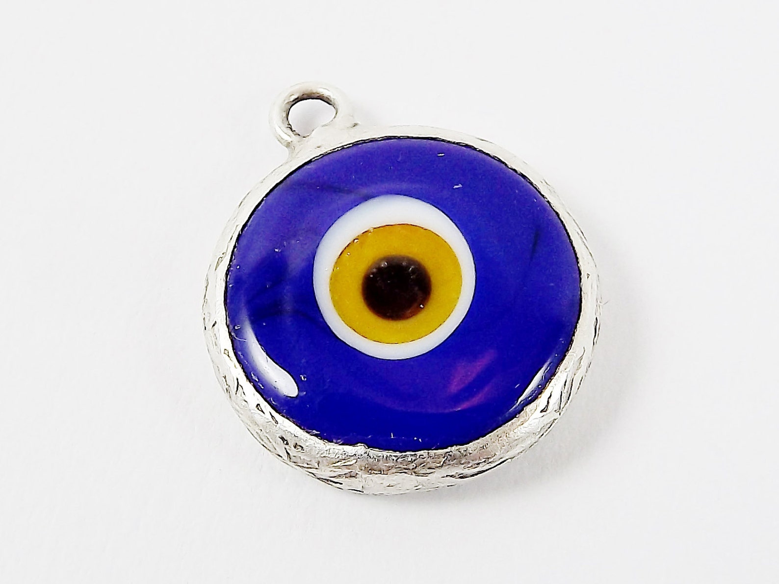 Opaque Navy Blue Yellow Evil Eye Round Artisan Handmade Glass Pendant ...