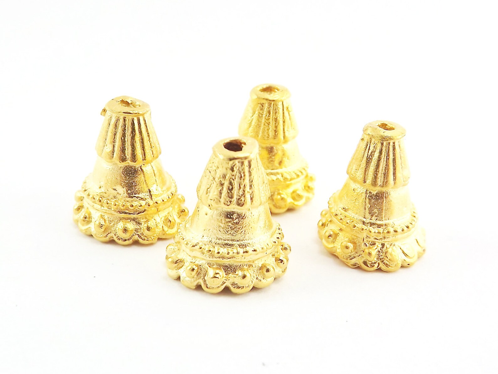 4 Rustic Studded Fluted Rim Cone Bead End Caps - 22k Matte Gold Plated ...