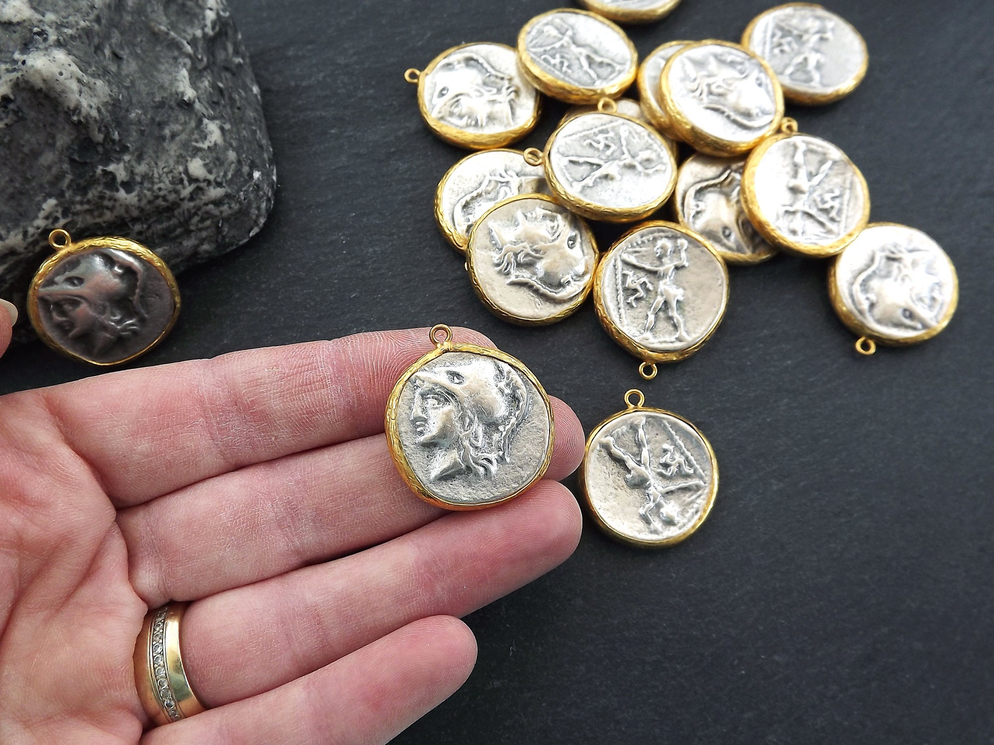 Greek Coin Pendant Gold Frame Bezel Athena Slinger and - Etsy