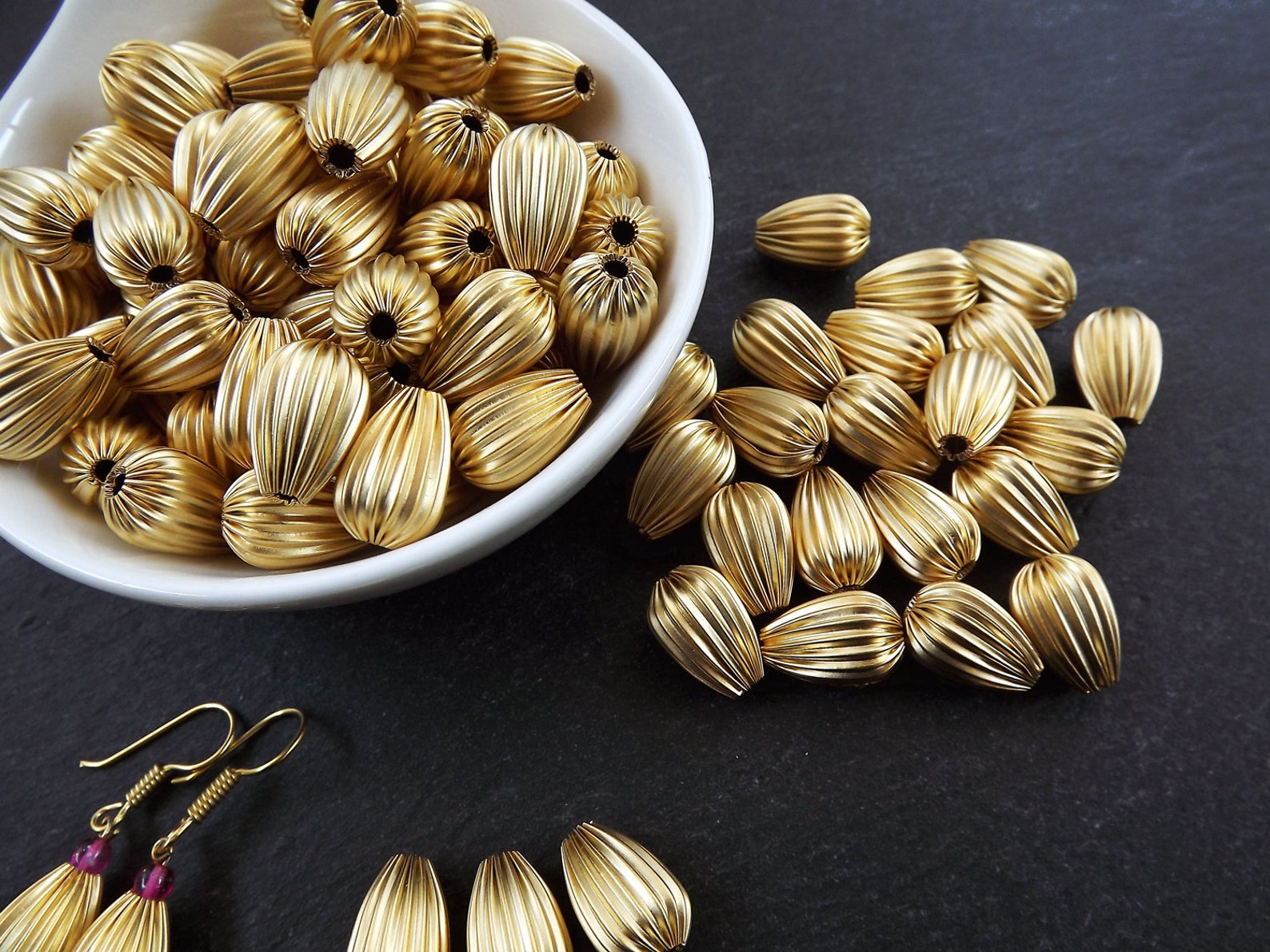 Teardrop Bead, Gold Teardrop, Corrugated Bead, Ribbed Bead, Large ...