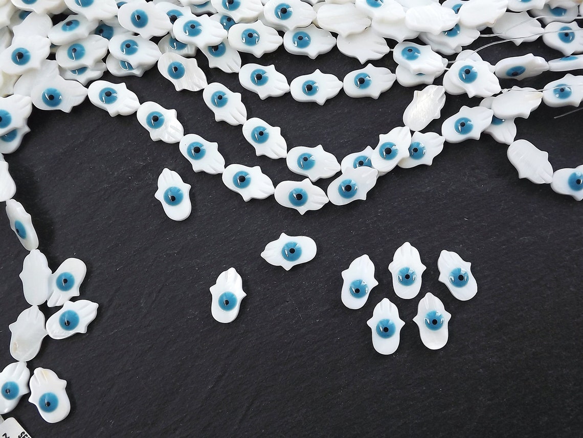 5 Mother of Pearl Evil Eye Hamsa Hand Beads, Enamel Evil Eye Bead ...