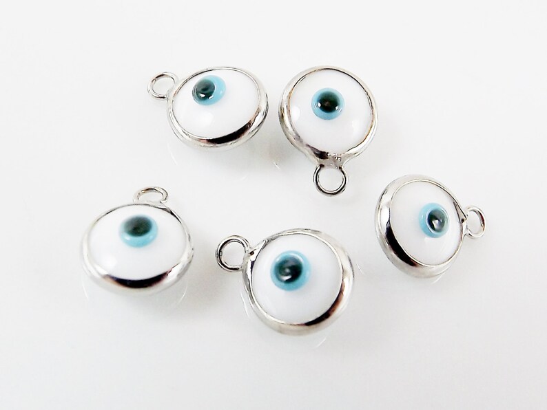 5 Mini White Evil Eye Nazar Artisan Glass Bead Charms Silver | Etsy