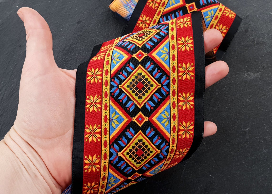 Ethnic Ribbon, Geometric, Diamond, Blue, Red, Yellow, Woven ...
