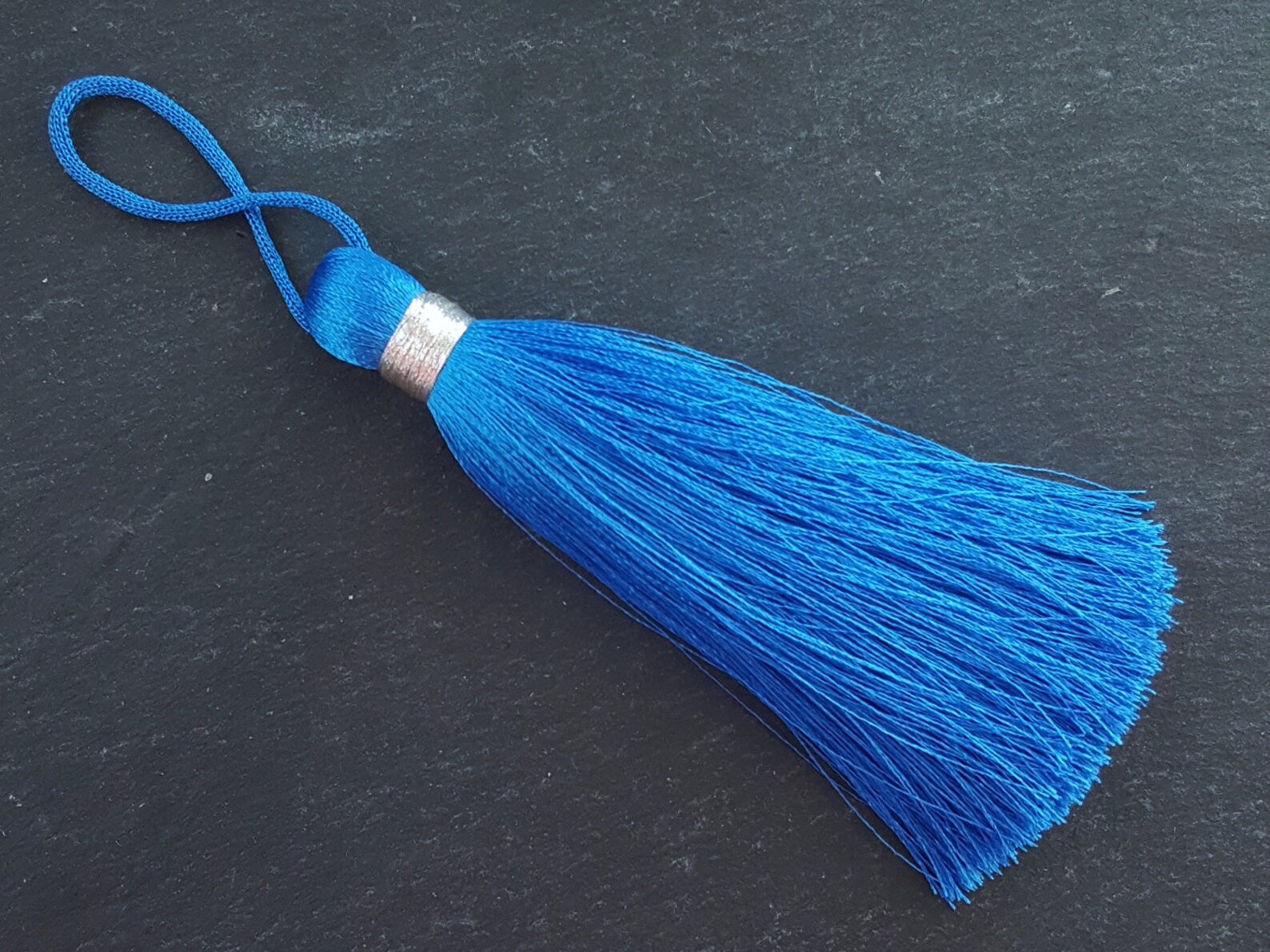 Large Blue Tassel, Silk Thread Tassel Pendant, Silver Metallic Band ...