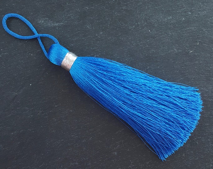 Large Blue Tassel, Silk Thread Tassel Pendant, Silver Metallic Band ...