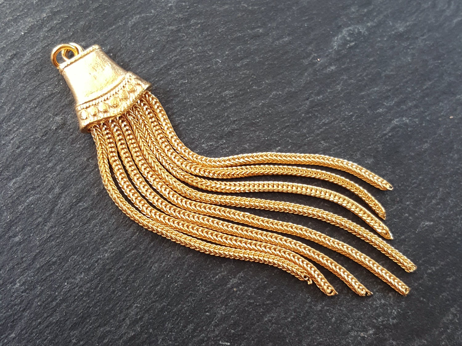 Extra Long Flat Head Tassel Pendant With Snake Chain Strands - 22k Gold ...