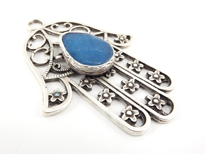 Extra Large Hamsa Hand of Fatima Pendant Blue Teardrop Jade - Matte ...