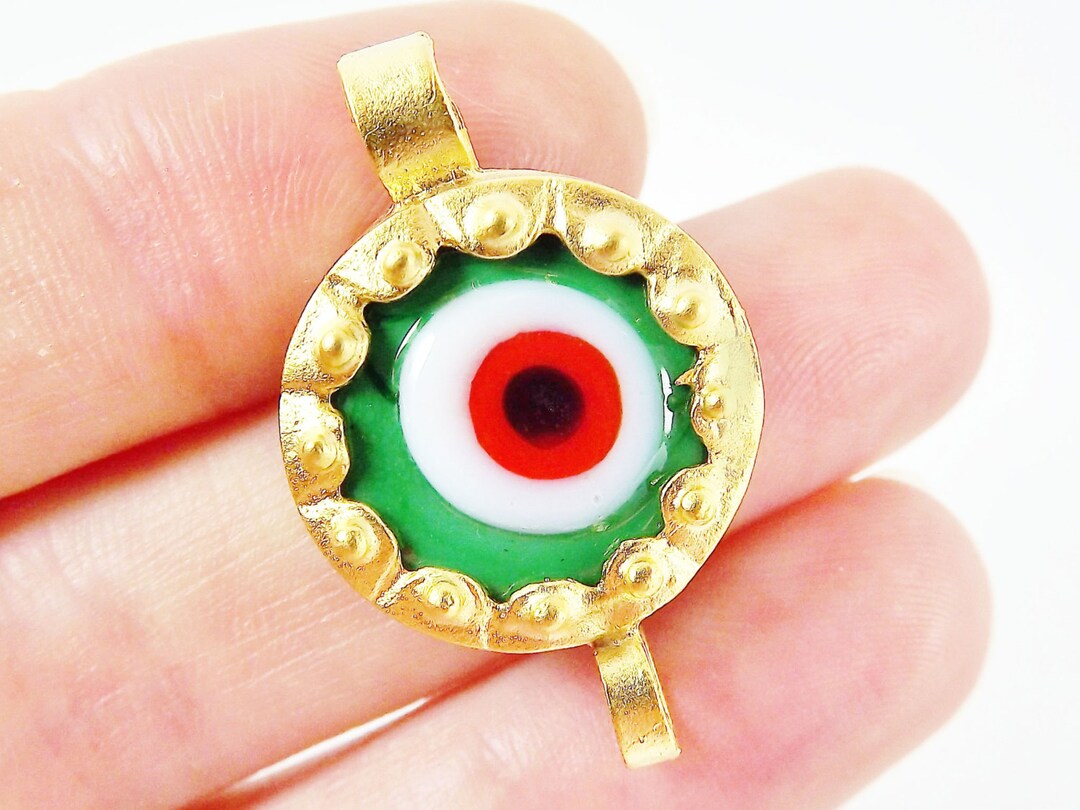 Green Evil Eye Round Glass Connector Pendant - 22k Matte Gold Plated ...