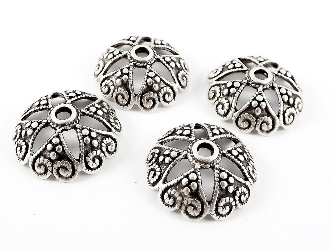 4 Shallow Curly Heart Lace Bead End Caps - 20mm Wide Matte Silver ...