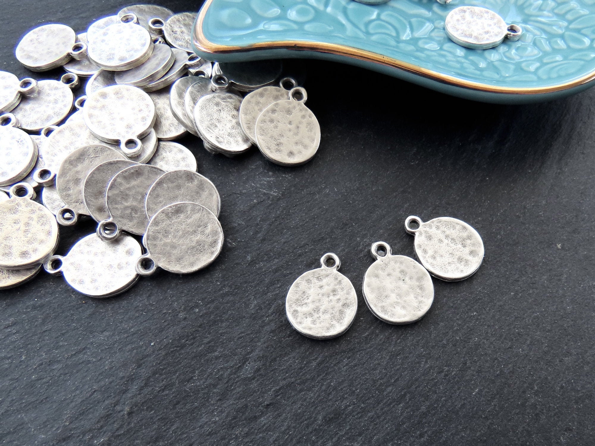 Hammered Silver Coin Charms, Rustic Disc Circle Pendant Boho Bohemian ...