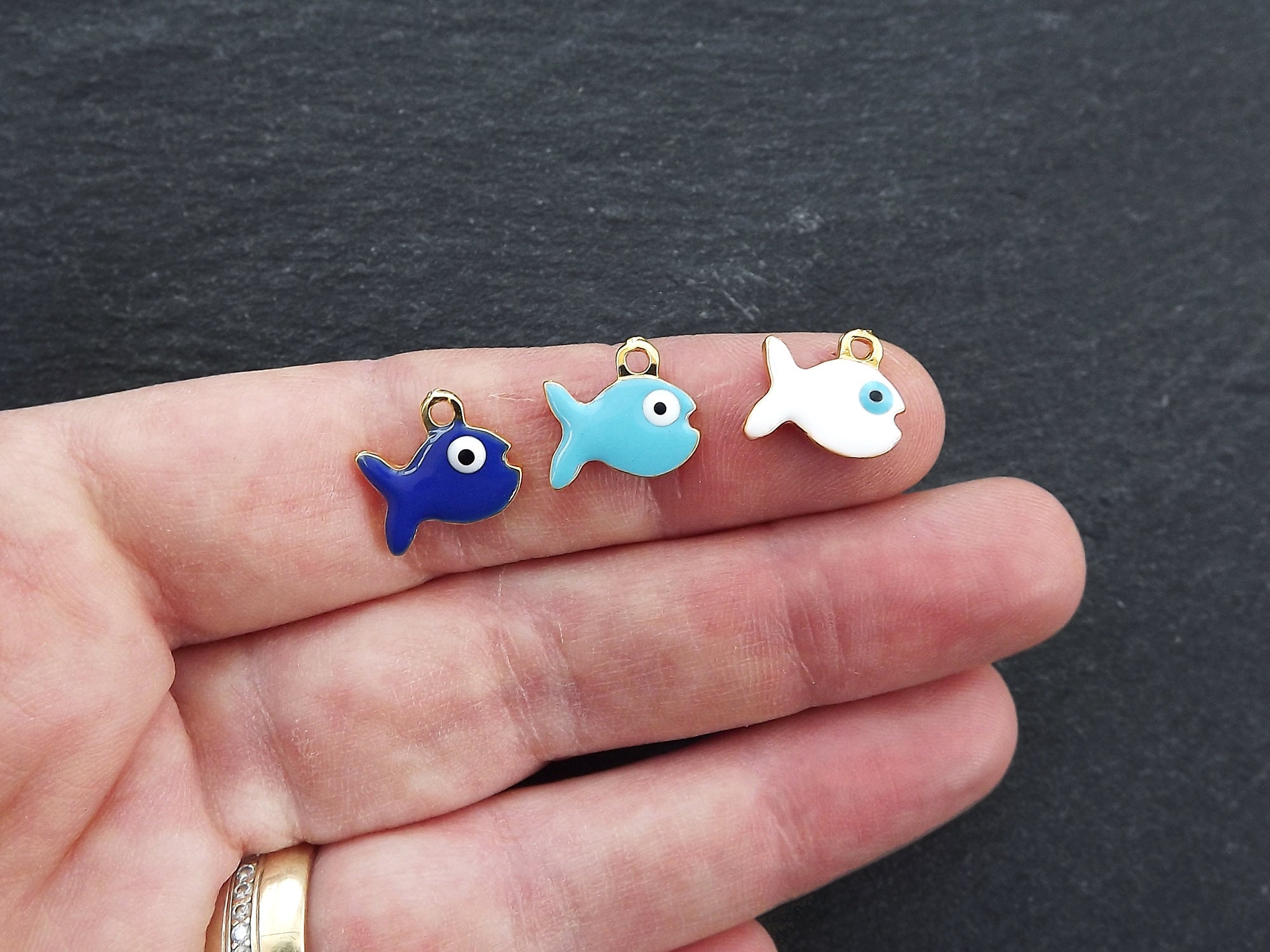 4 Fish Charms, Blue Enamel Small Fish Pendant Charms, Lucky Charm, 22k ...