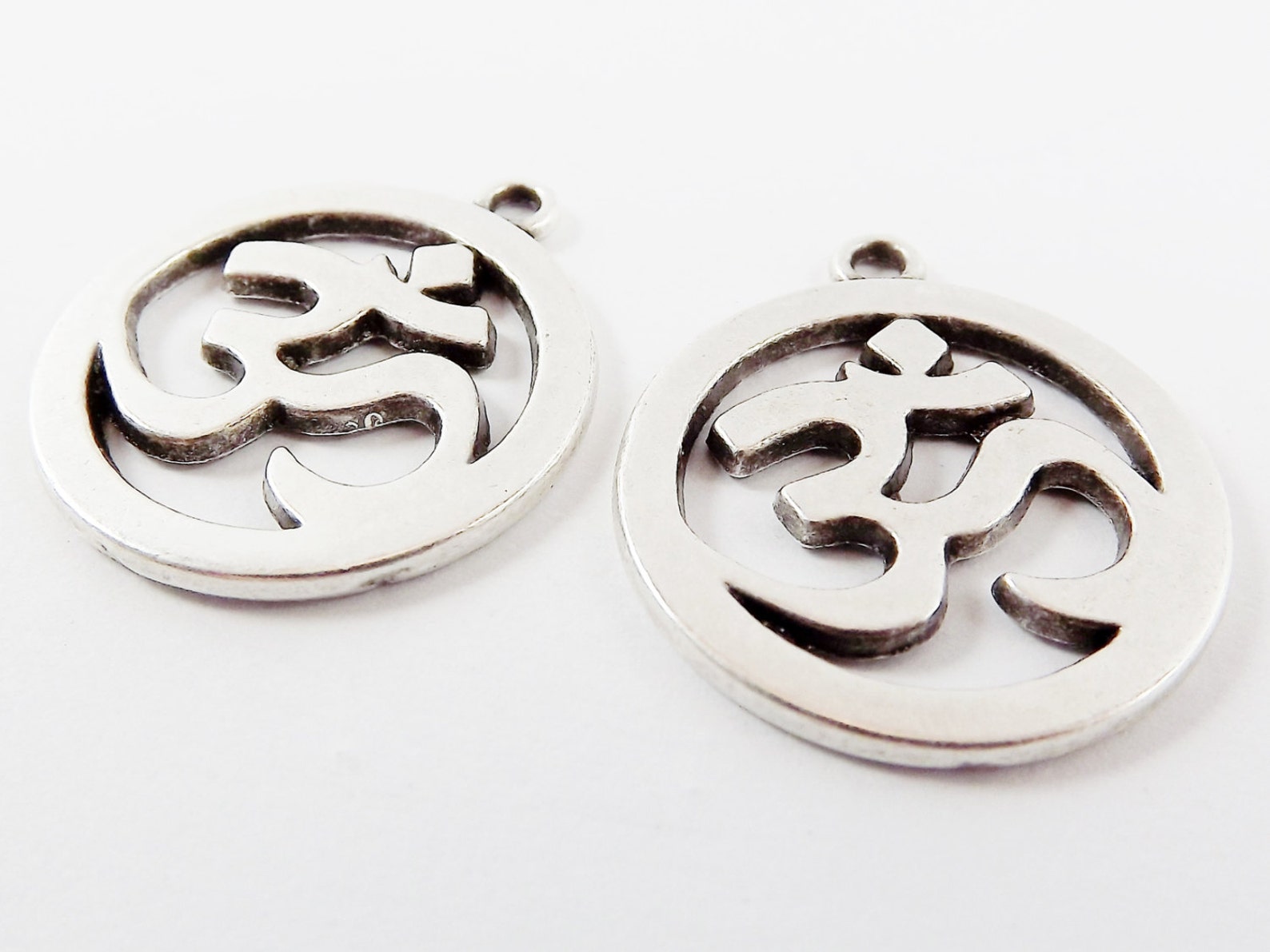 2 Large OM Symbol Charms - Matte Antique Silver Plated Brass - Yoga Aum ...