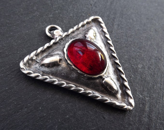 Silver Triangle Pendant Red Glass Accent Tribal Pendant - Etsy