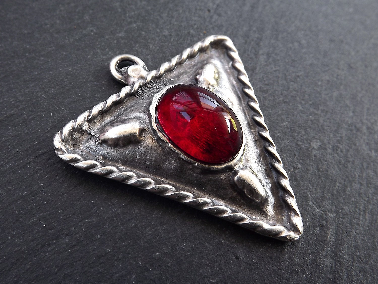 Silver Triangle Pendant Red Glass Accent Tribal Pendant | Etsy