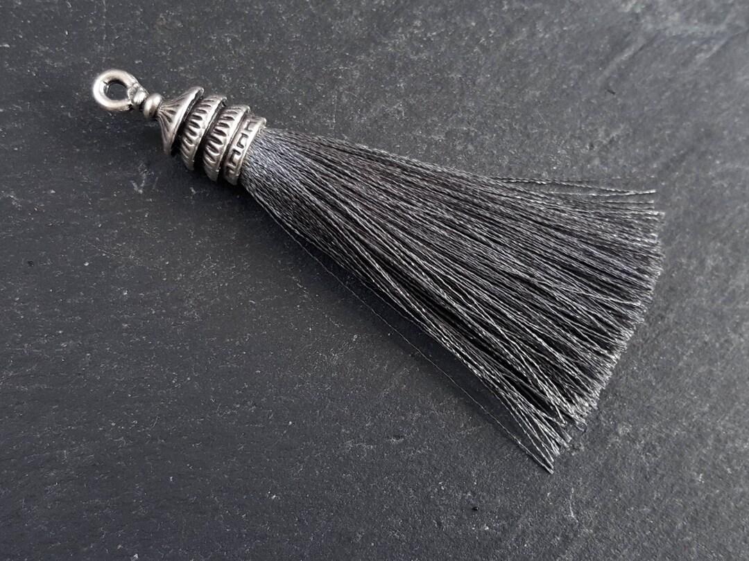 Gray Silk Thread Tassel Pendant With Tiered Matte Antique Silver Plated ...
