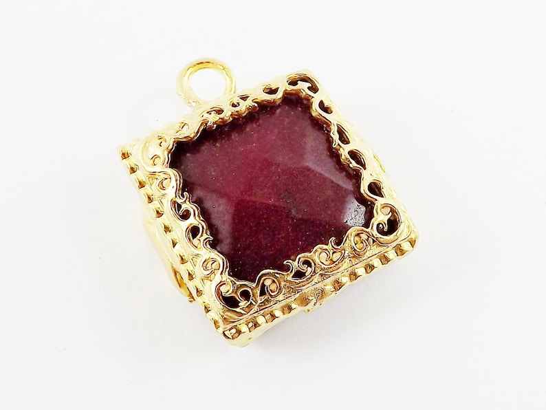 Deep Red Square Jade Pendant - Rustic Swirl Bezel - 22k Matte Gold ...