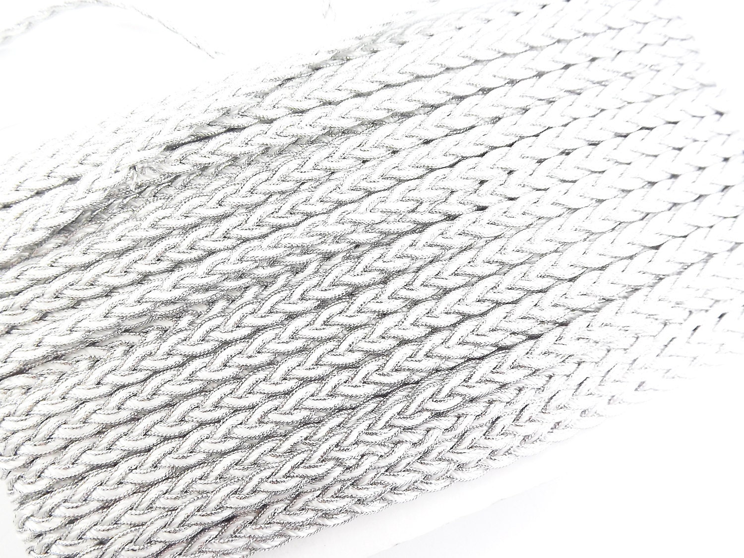 White Metallic Silver Braided Plait Cord Satin Silk Cord Trim - 3 Ply ...