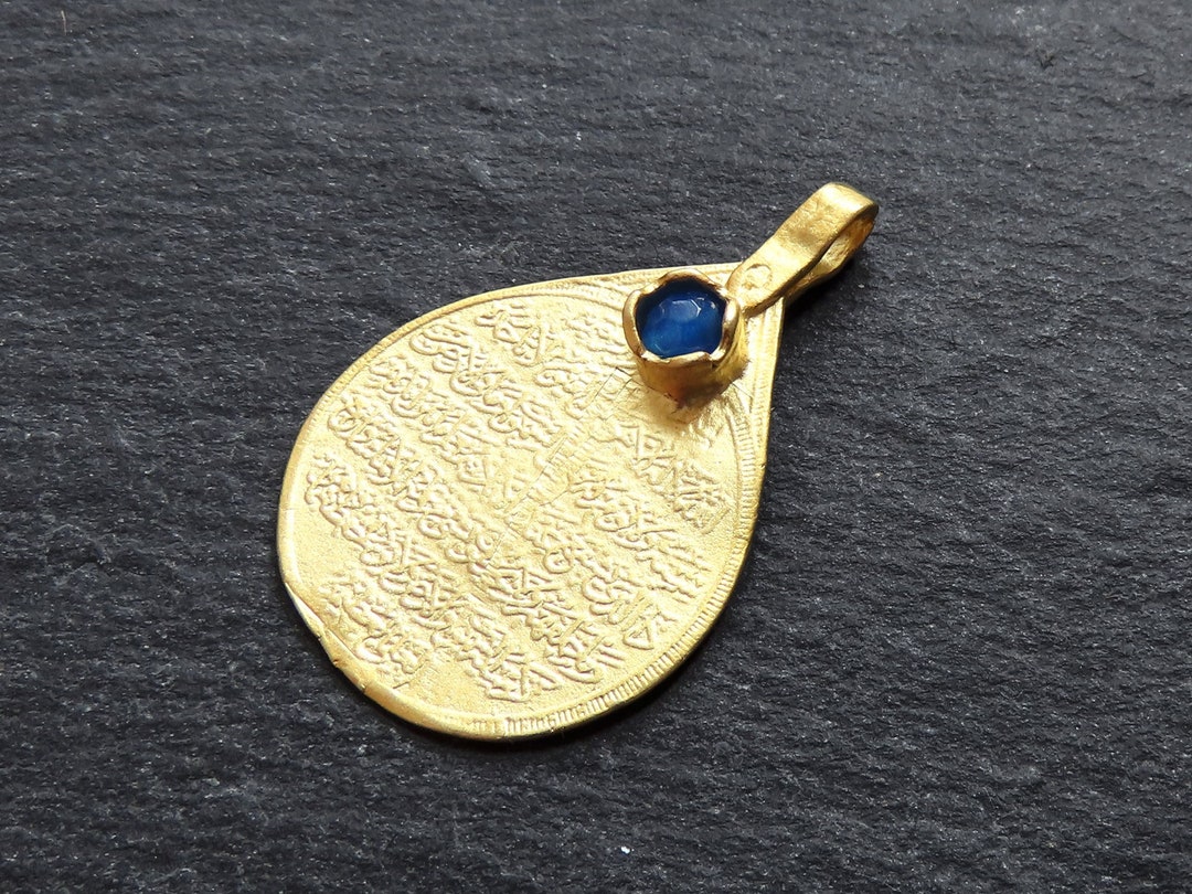 Teardrop Medallion Pendant With Azure Blue Jade Stone Accent, Arabic ...